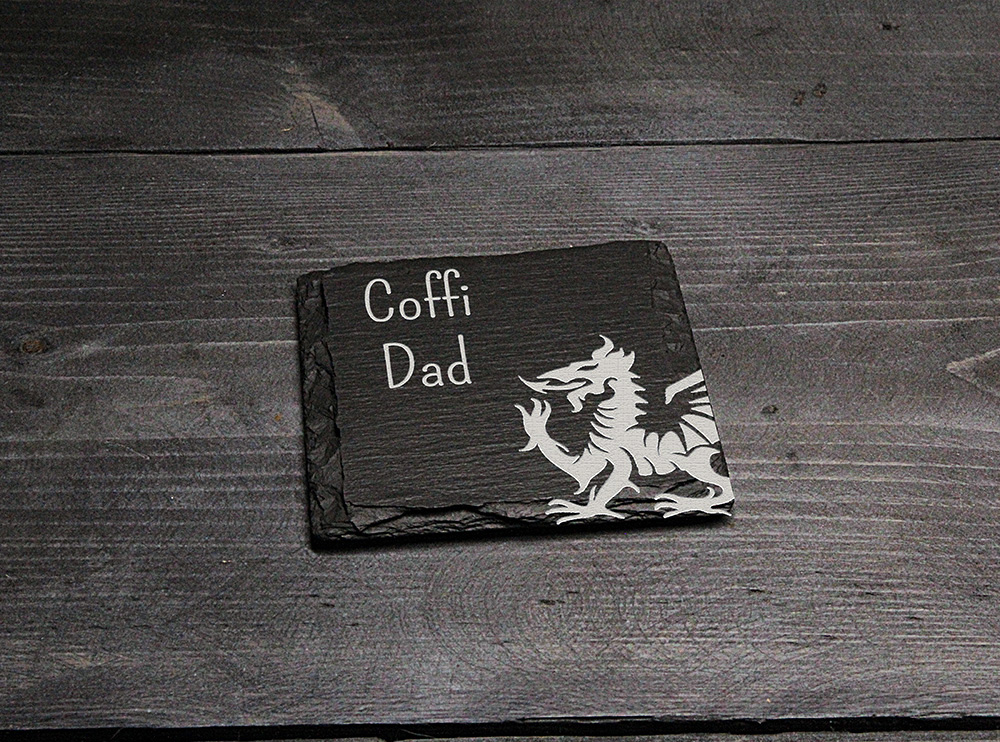Slate Coasters : Square Welsh Slate Coaster - 'Coffi Dad'