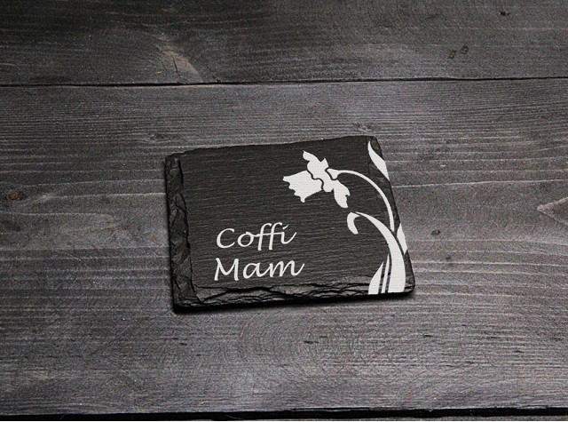 Slate Coasters : Square Welsh Slate Coaster - 'Coffi Mam'
